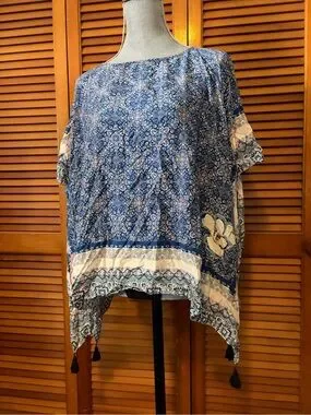 J. Jill | Tops | Blue Floral Boho Poncho Top With Tassels | Poshmark